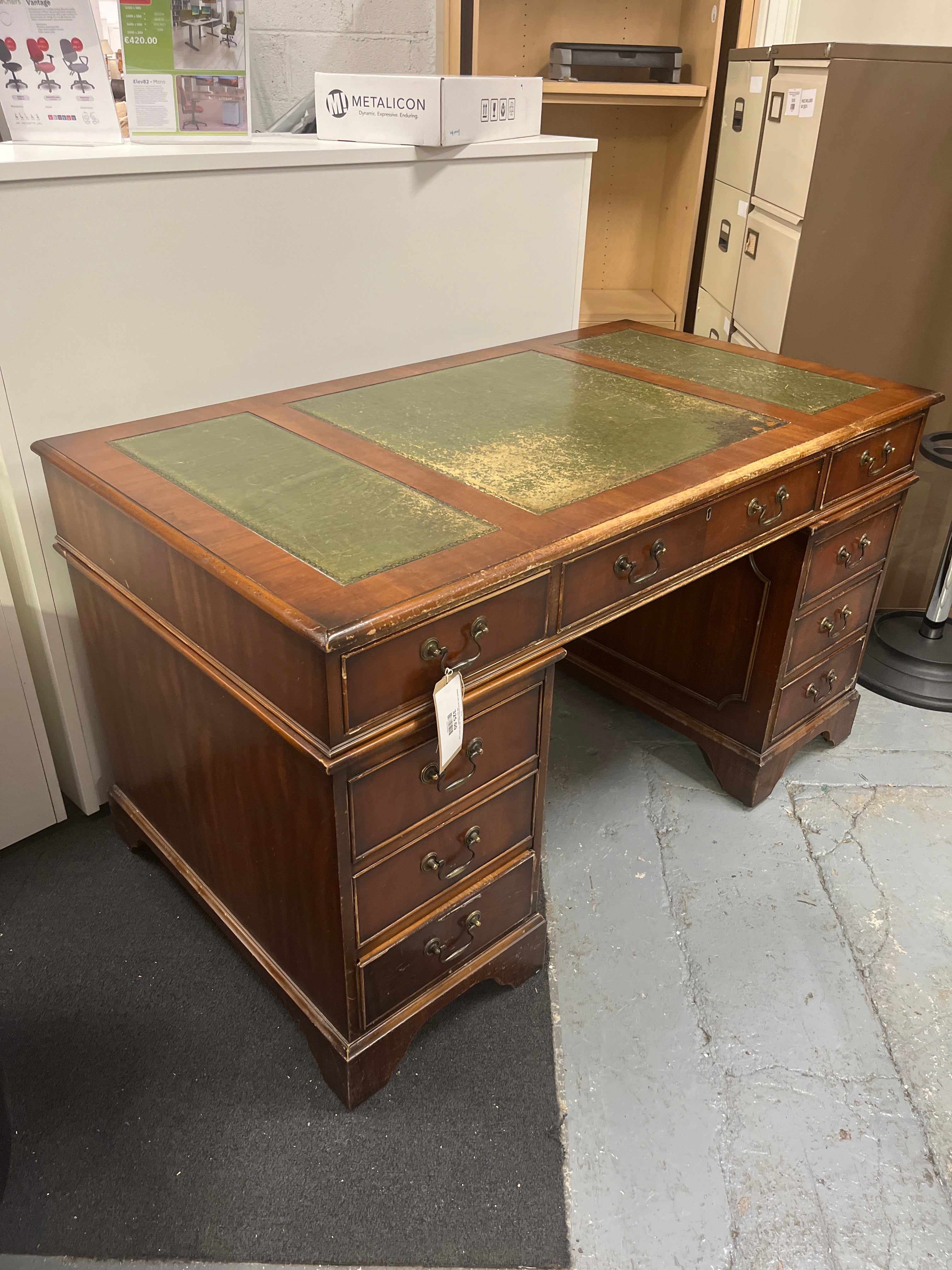 Stained solid wood partners Desk with dark green viynl top and 9 drawe ...